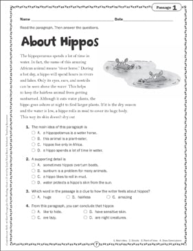 About Hippos: Close Reading Passage | Printable Texts and Skills Sheets