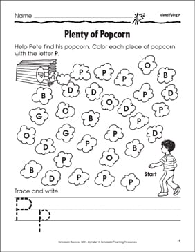Plenty of Popcorn (Identifying P,p) | Printable Skills Sheets