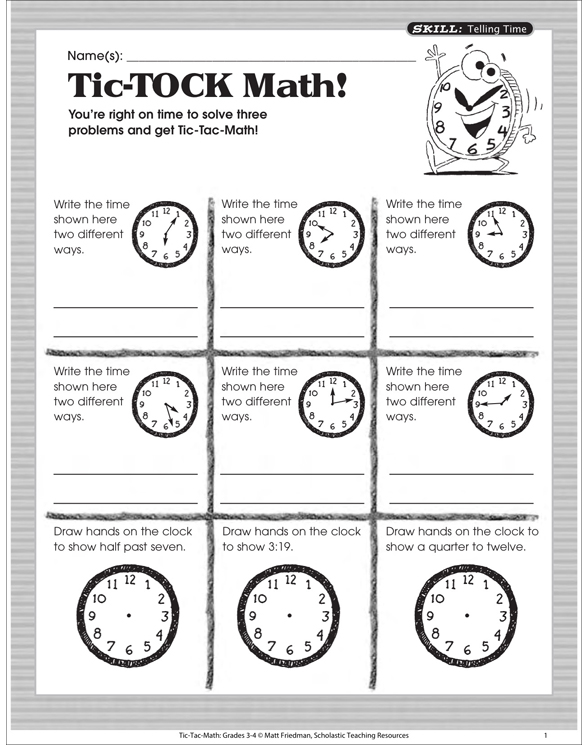 Tic-TOCK Math! (Telling Time): Tic-Tac-Math | Printable Games, Puzzles ...