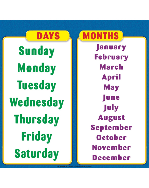 Days of the Week & Months of the Year: Student Reference Page ...
