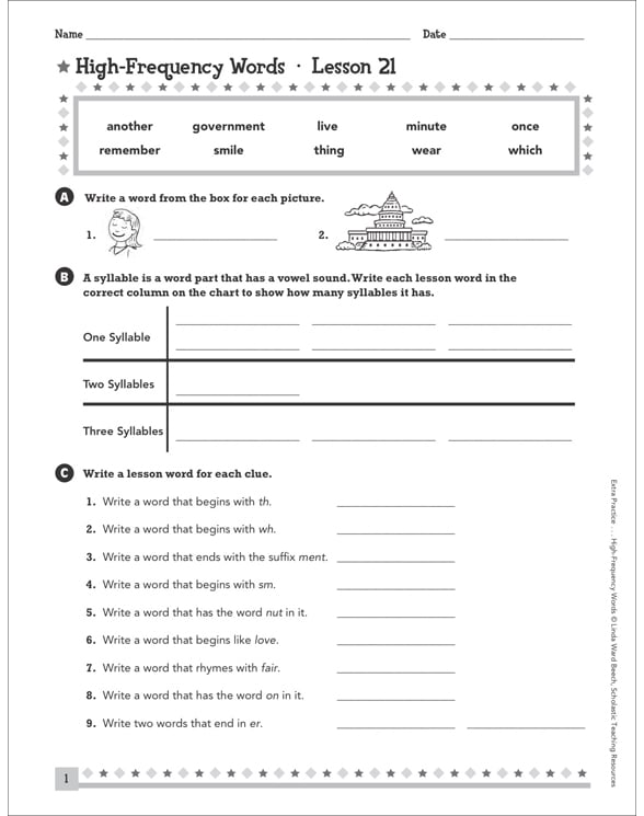 High-Frequency Words Practice Lesson 21 | Printable Skills Sheets