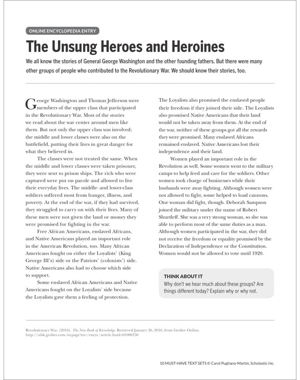 Unsung Heroes of the Revolutionary War: Text Set | Printable Graphic ...