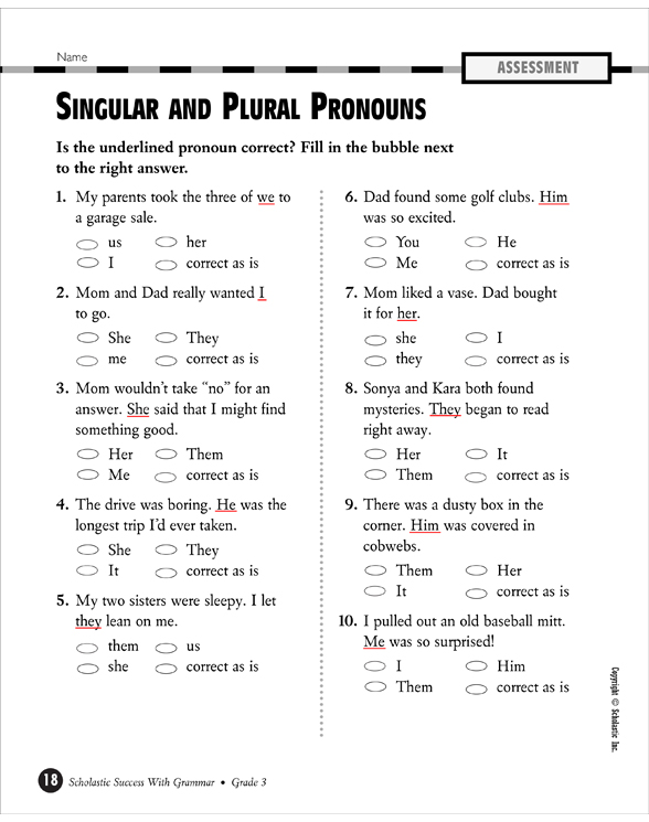 Singular and Plural Pronouns | Printable Test Prep, Tests and Skills Sheets
