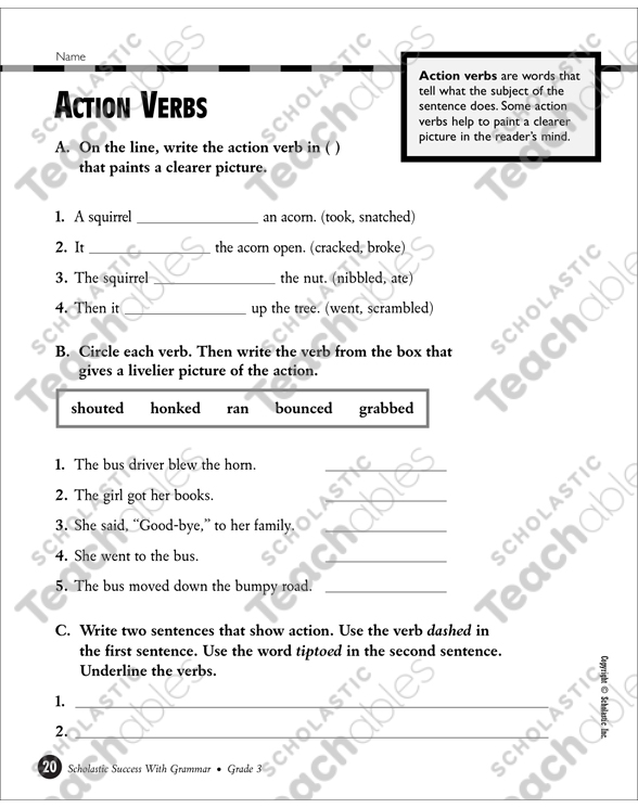 Action Verbs - Grade 3 | Printable Test Prep, Tests and Skills Sheets