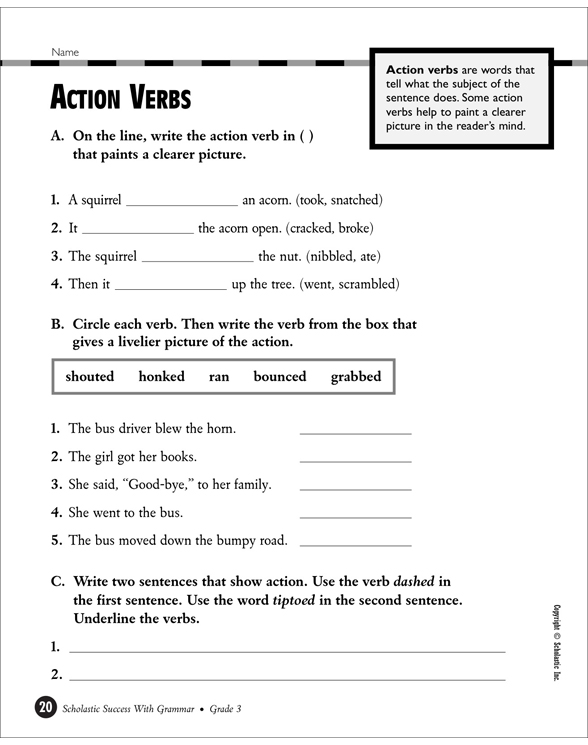 Action Verbs - Grade 3 | Printable Test Prep, Tests and Skills Sheets