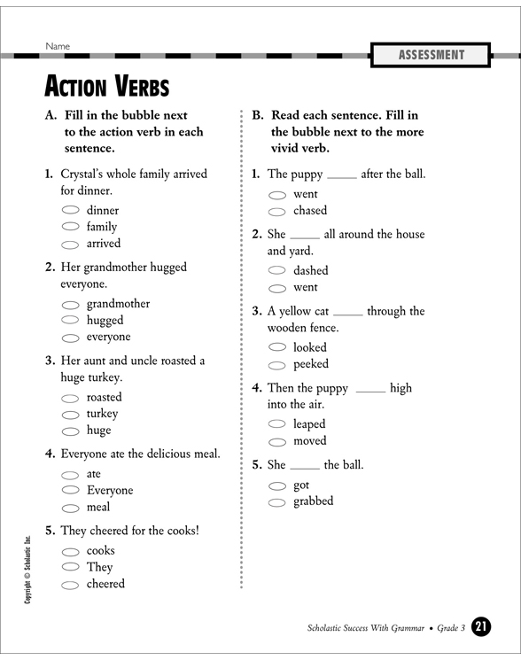 Action Verbs - Grade 3 | Printable Test Prep, Tests and Skills Sheets