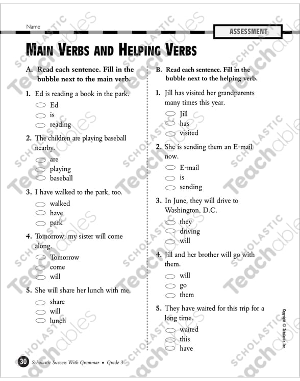 Main Verbs and Helping Verbs | Printable Test Prep, Tests and Skills Sheets