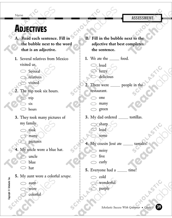 Adjectives - Grade 3 | Printable Test Prep, Tests and Skills Sheets
