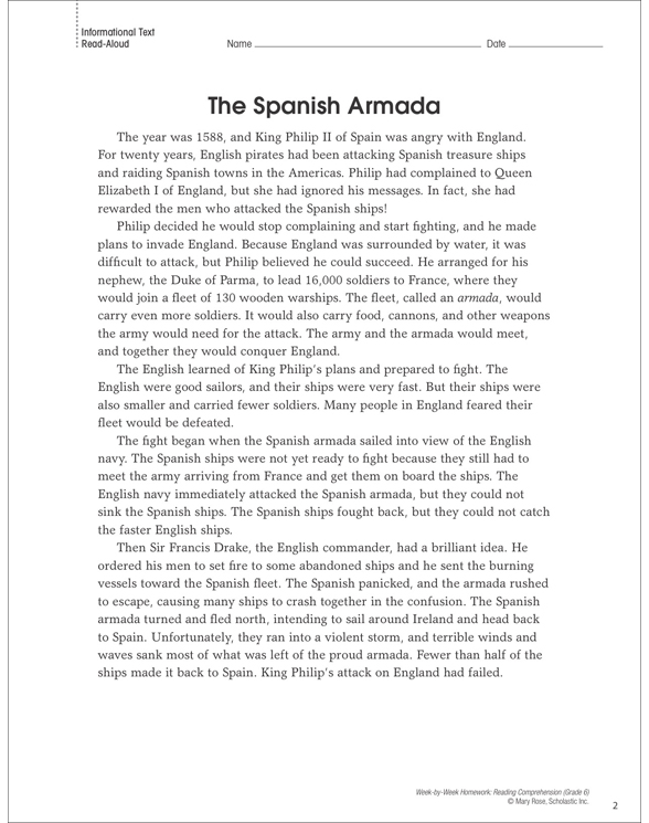 The Spanish Armada: Reading Homework | Printable Texts and Skills Sheets