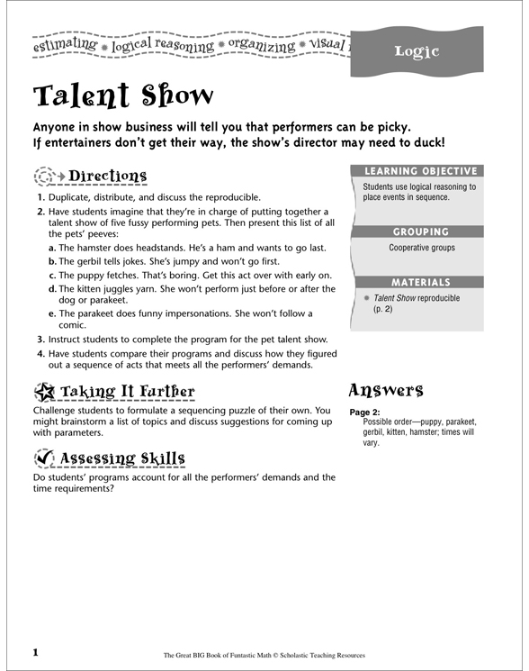 Talent Show (Logic) | Printable Lesson Plans, Ideas and Skills Sheets