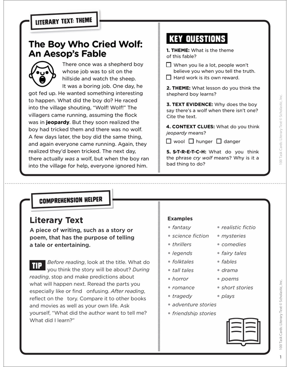 The Boy Who Cried Wolf: Literary Text Task Card | Printable Lesson ...