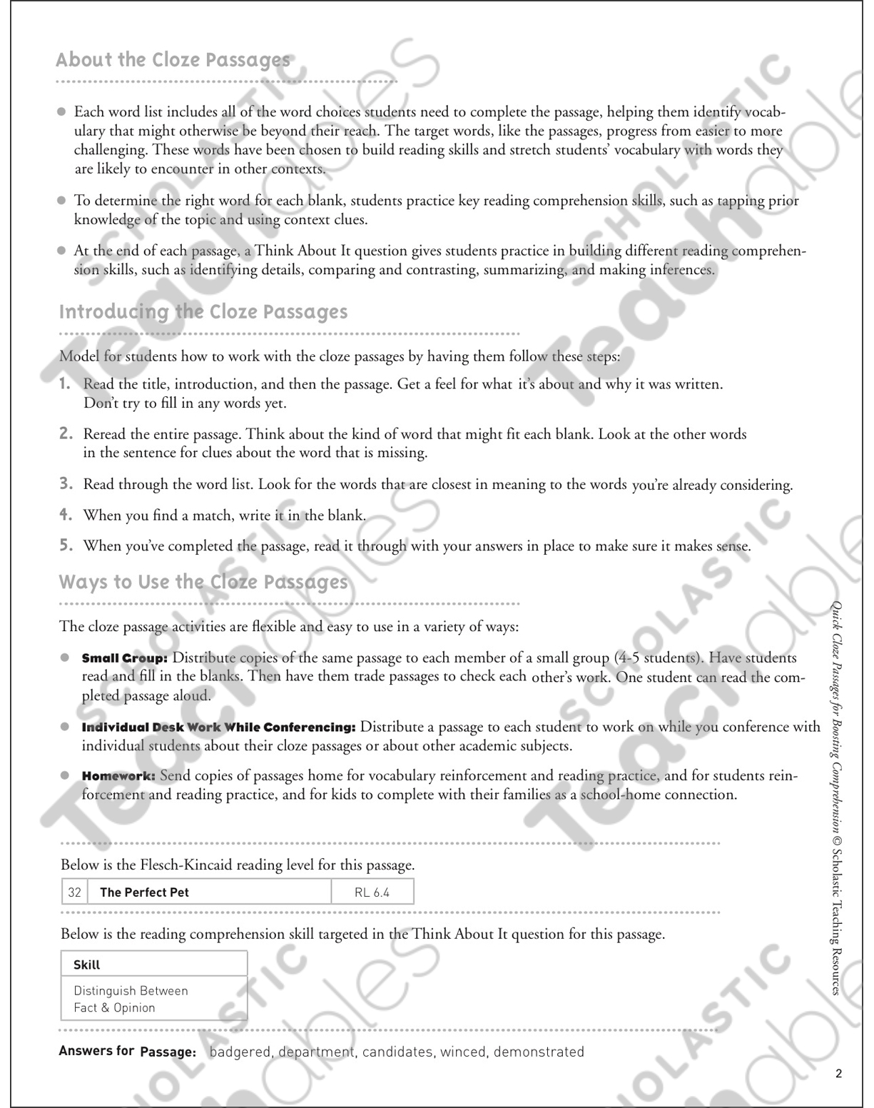The Perfect Pet: Quick Cloze Passage | Printable Lesson Plans, Ideas ...
