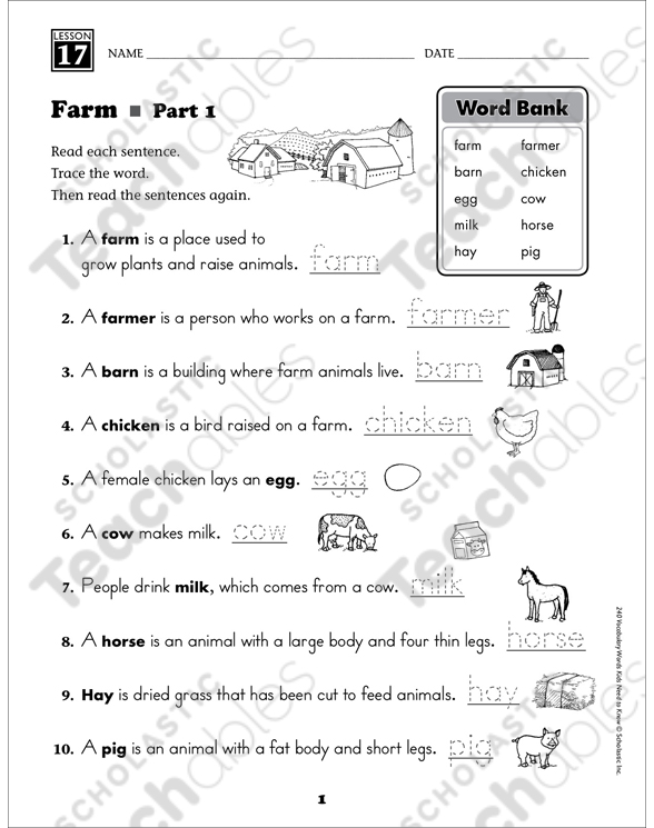 Farm (Content Words): Grade 1 Vocabulary | Printable Skills Sheets