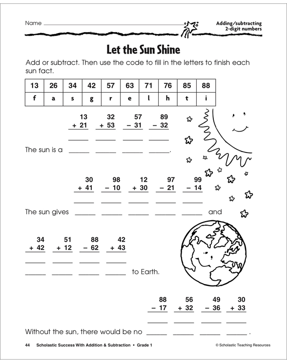 Let the Sun Shine (Add & Subtract 2 Digit Numbers) | Printable Skills ...
