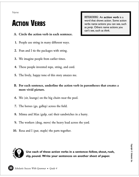 Action Verbs - Grade 4 | Printable Test Prep, Tests and Skills Sheets