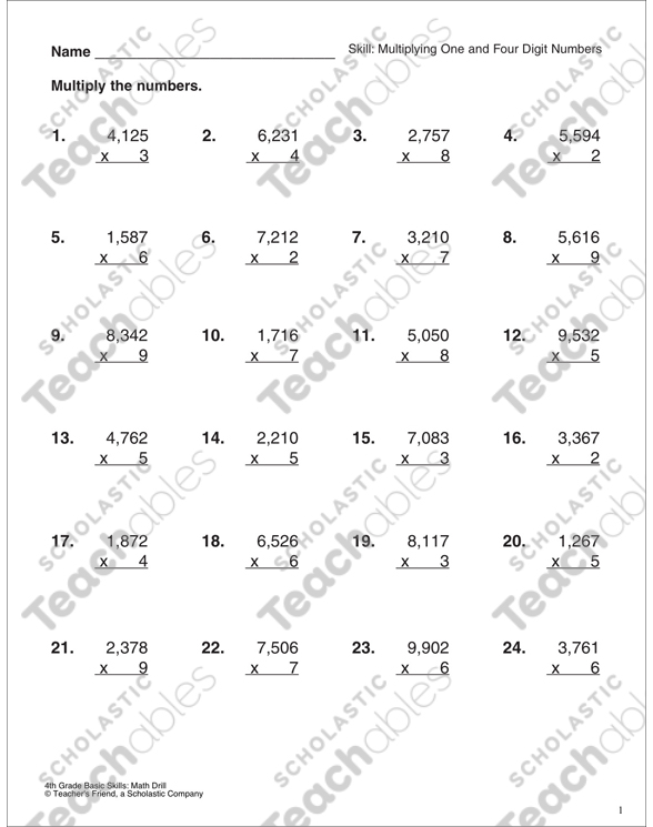 Multiplying One- and Four-Digit Numbers | Printable Skills Sheets