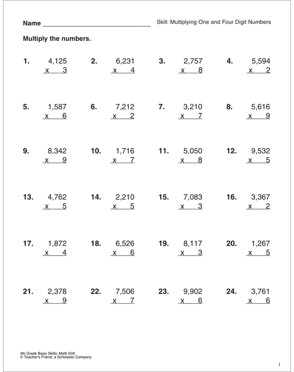Multiplying One- and Four-Digit Numbers | Printable Skills Sheets
