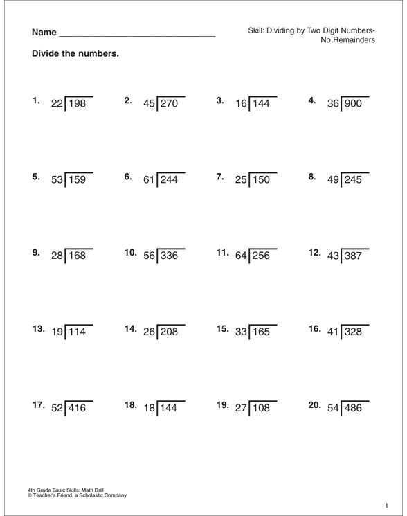 Dividing By Two Digit Numbers No Remainders Printable Skills Sheets