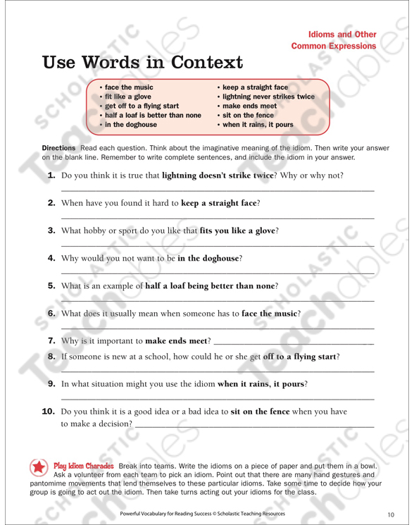Idioms & Other Expressions: Read Words in Context (Gr 4) | Printable ...
