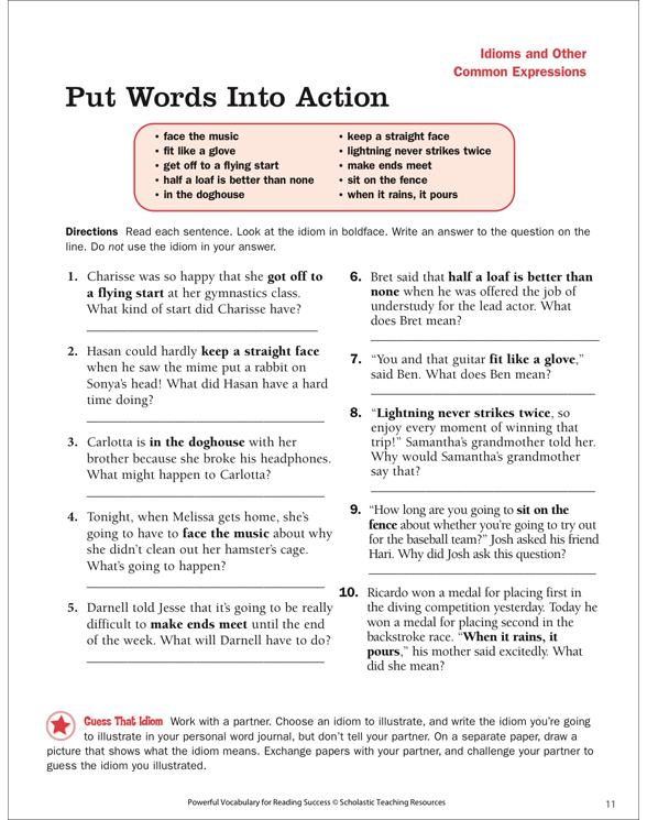 Idioms & Other Expressions: Read Words in Context (Gr 4) | Printable ...