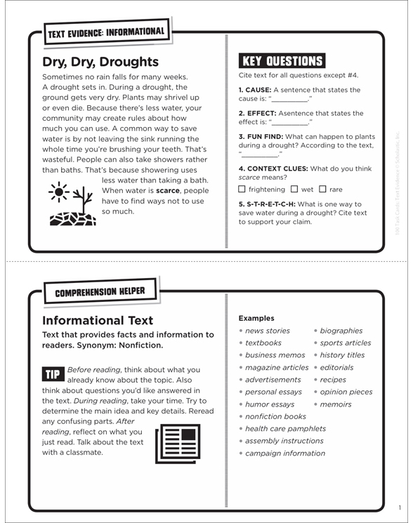 Dry, Dry Droughts: Text Evidence Task Card | Printable Lesson Plans ...