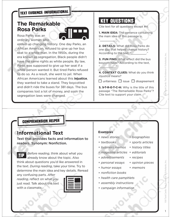 The Remarkable Rosa Parks: Text Evidence Task Card | Printable Lesson ...