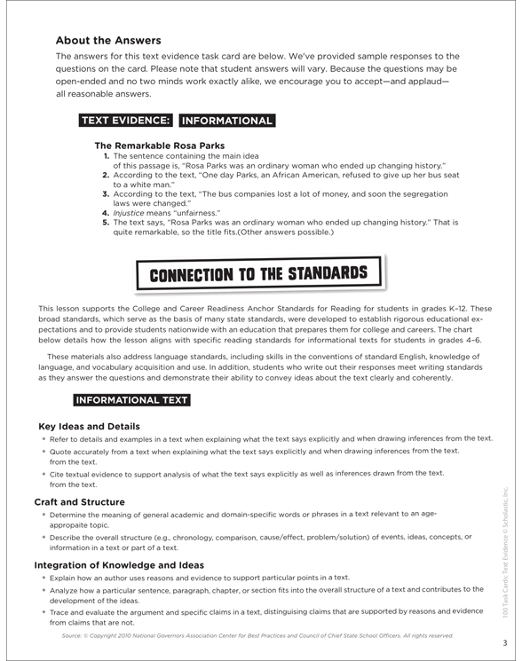 The Remarkable Rosa Parks: Text Evidence Task Card | Printable Lesson ...