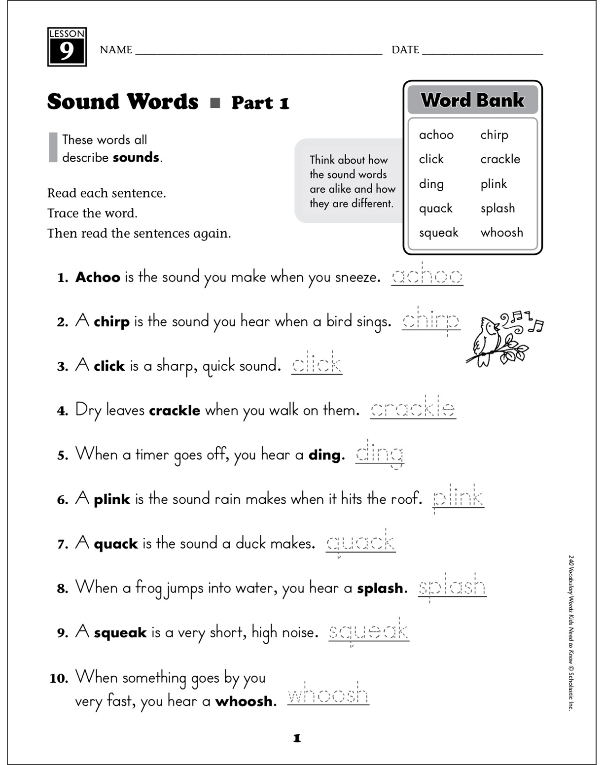 Sound Words: Grade 2 Vocabulary | Printable Skills Sheets