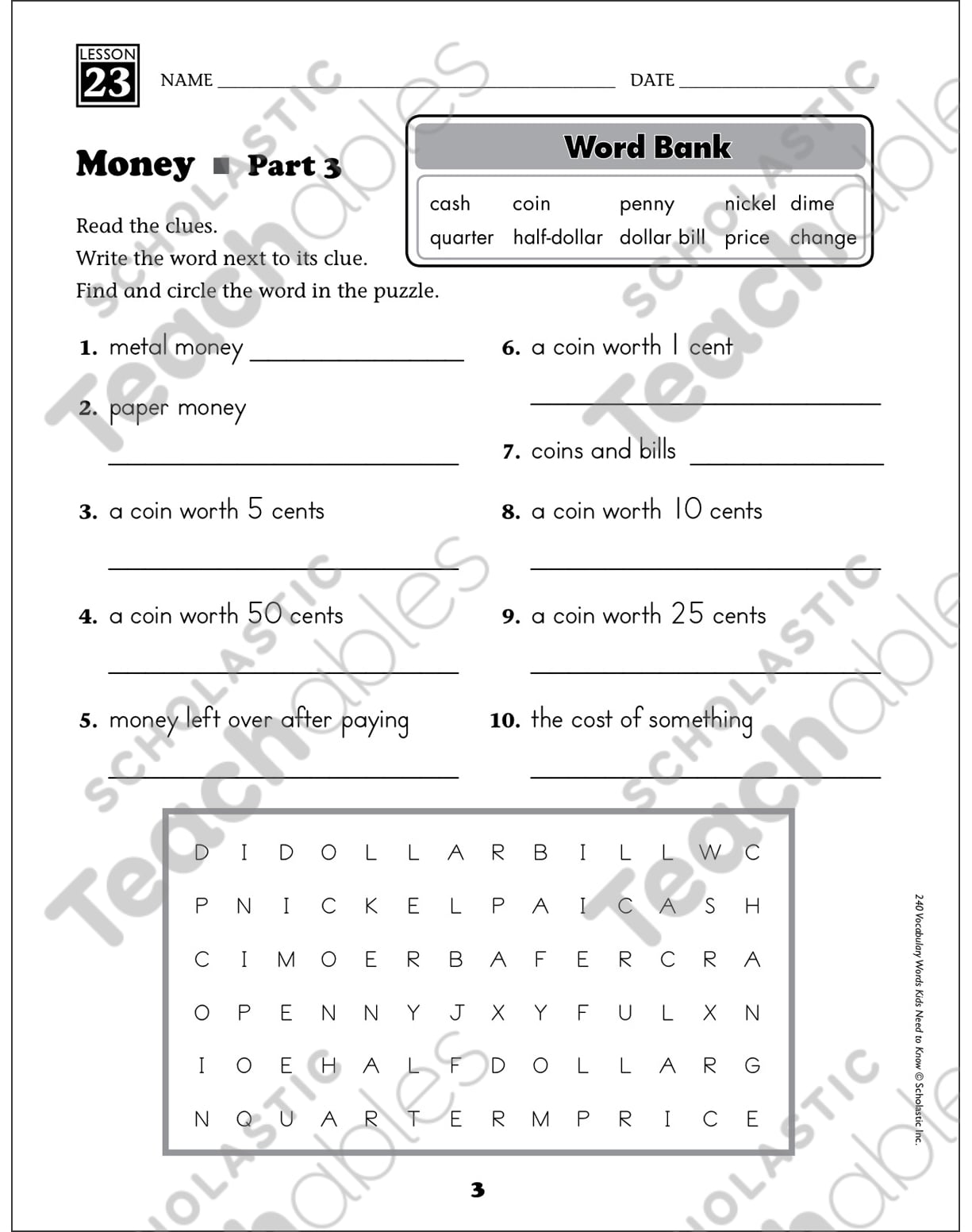 Money (Content Words): Grade 2 Vocabulary | Printable Skills Sheets