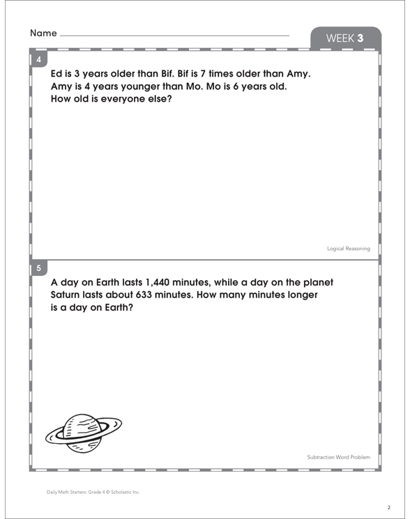Week 3: 4th Grade Daily Math Starters | Printable Skills Sheets