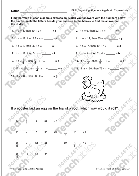 Algebraic Expressions Worksheets 7th Grade
