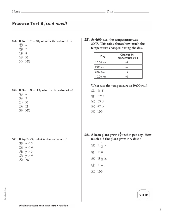 Math Skills Practice Test (Computation & Problem Solving) | Printable ...