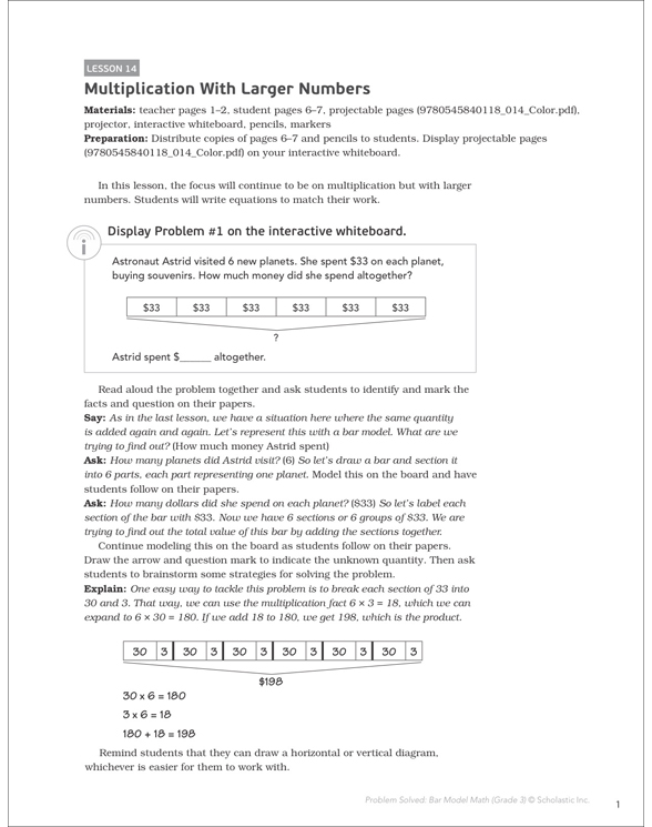 Multiplication With Larger Numbers: Bar Model Math (Gr 3) | Printable ...