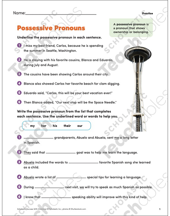 Possessive Pronouns Grade 3 Printable Test Prep Tests
