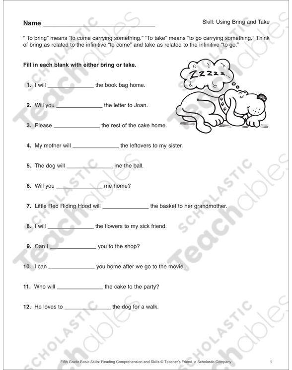 Using Bring and Take | Printable Skills Sheets