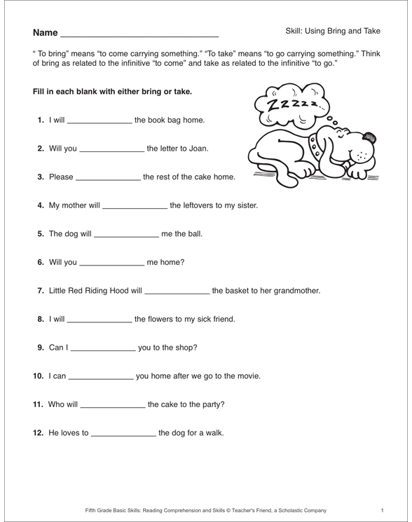 Using Bring and Take | Printable Skills Sheets
