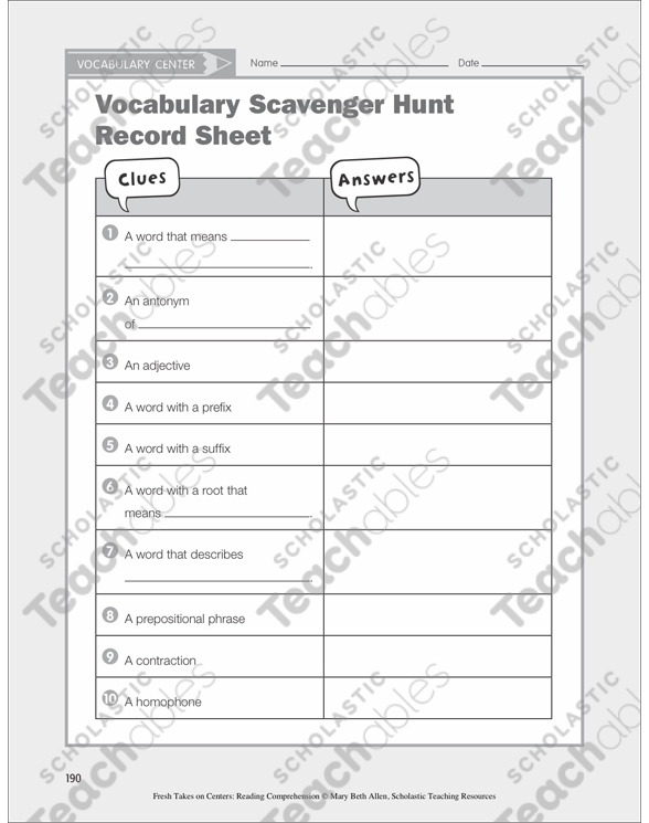 Vocabulary Scavenger Hunt: Vocabulary Learning Center | Printable ...