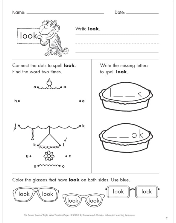 Sight Word Practice Page for “look” | Printable Skills Sheets