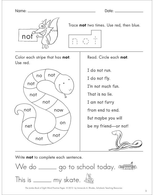 Sight Word Practice Page for “not” | Printable Skills Sheets