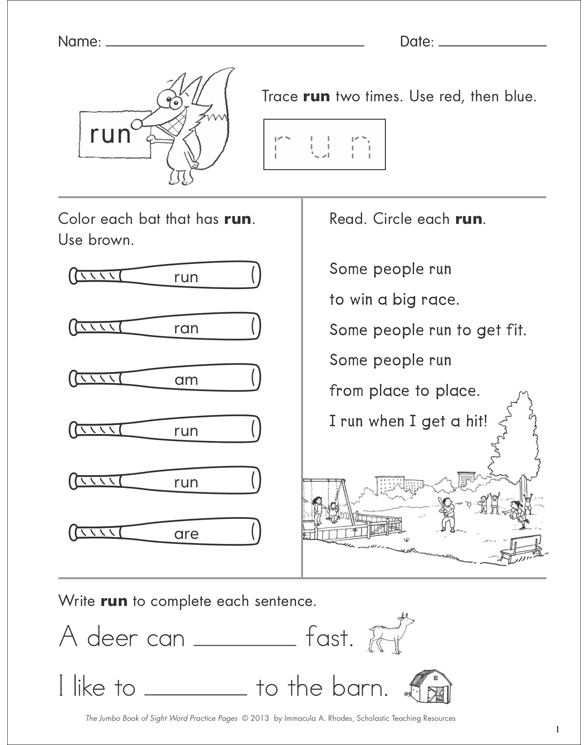 Sight Word Practice Page for “run” | Printable Skills Sheets