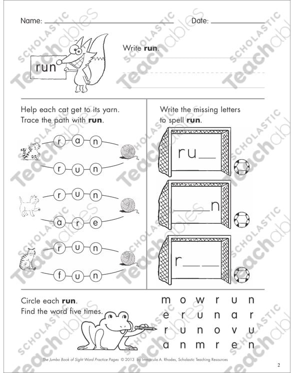 Sight Word Practice Page for “run” | Printable Skills Sheets