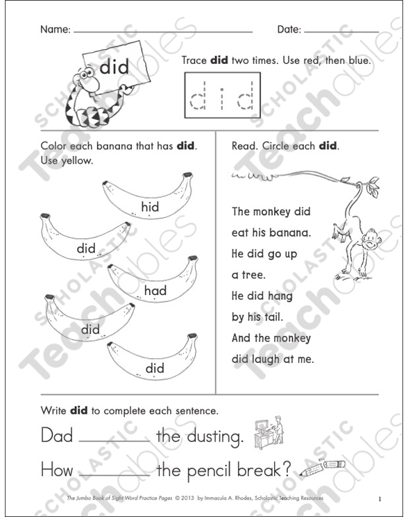 Sight Word Practice Page For did Printable Skills Sheets Sight Word Practice Page For did Printable Skills Sheets