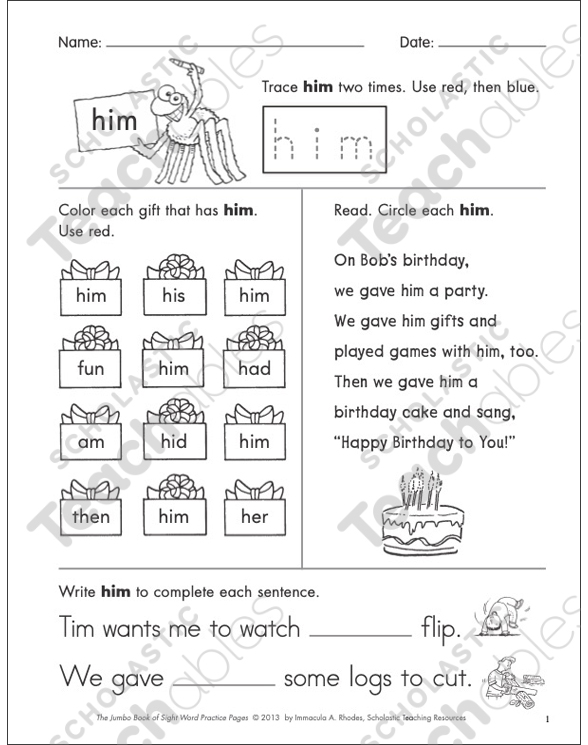 Sight Word Practice Page for “him” | Printable Skills Sheets