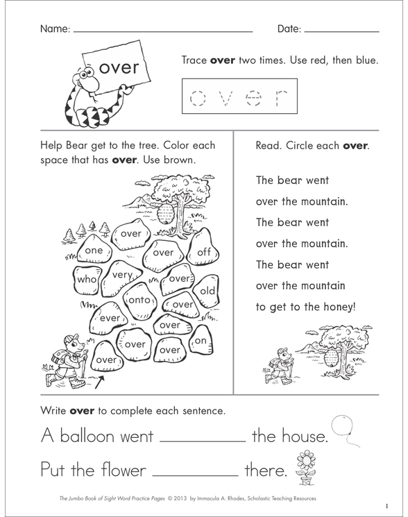 Sight Word Practice Page for “over” | Printable Skills Sheets