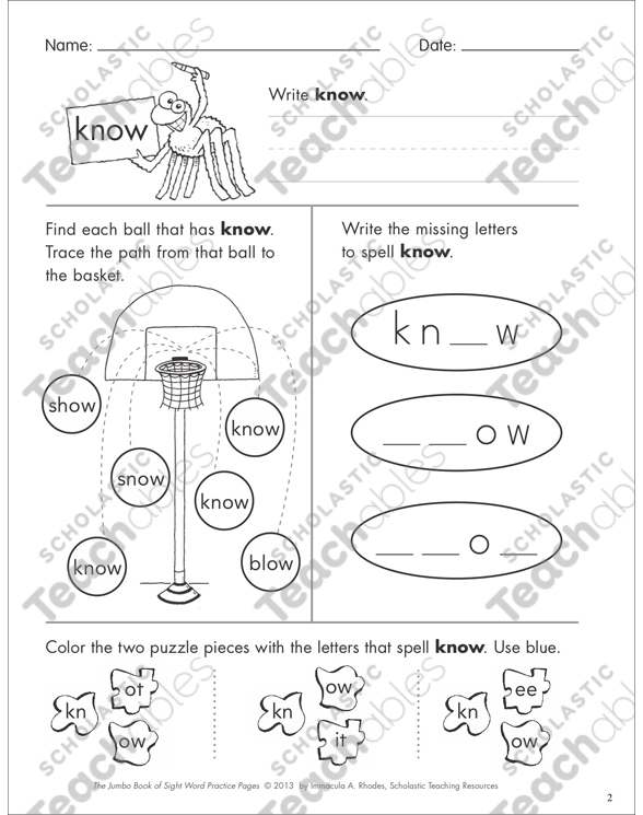 Sight Word Practice Page for “know” | Printable Skills Sheets