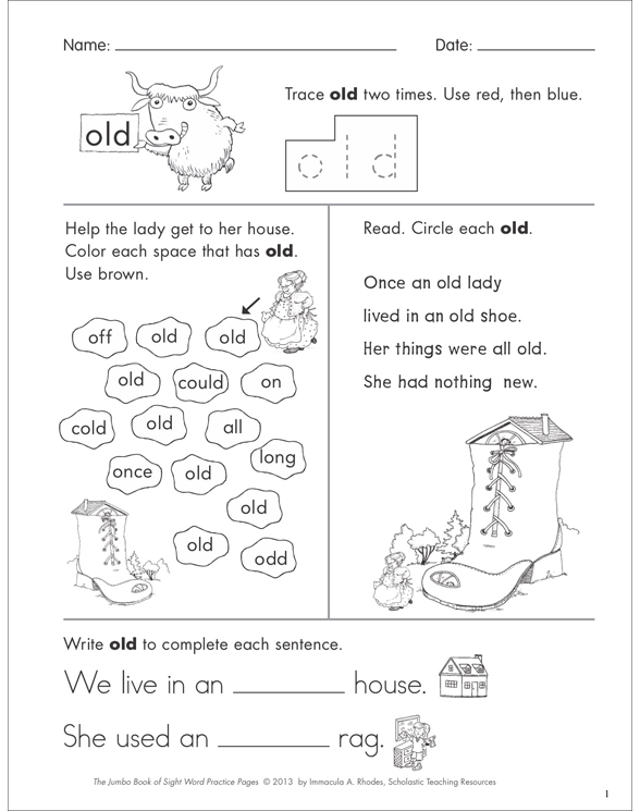 Sight Word Practice Page for “old” | Printable Skills Sheets