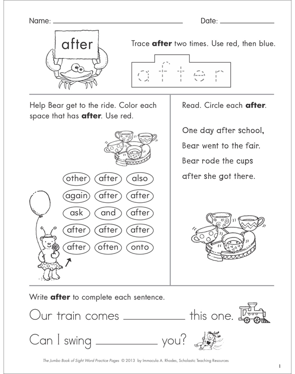 Sight Word Practice Page for “after” | Printable Skills Sheets