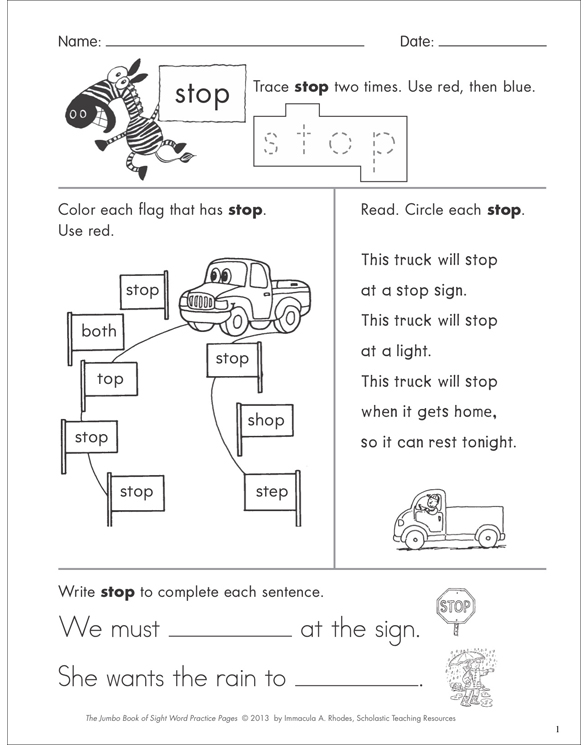 Sight Word Practice Page for “stop” | Printable Skills Sheets