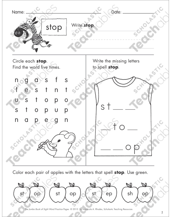 Sight Word Practice Page for “stop” | Printable Skills Sheets