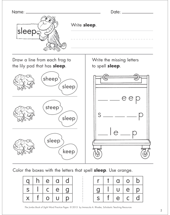 Sight Word Practice Page for “sleep” | Printable Skills Sheets